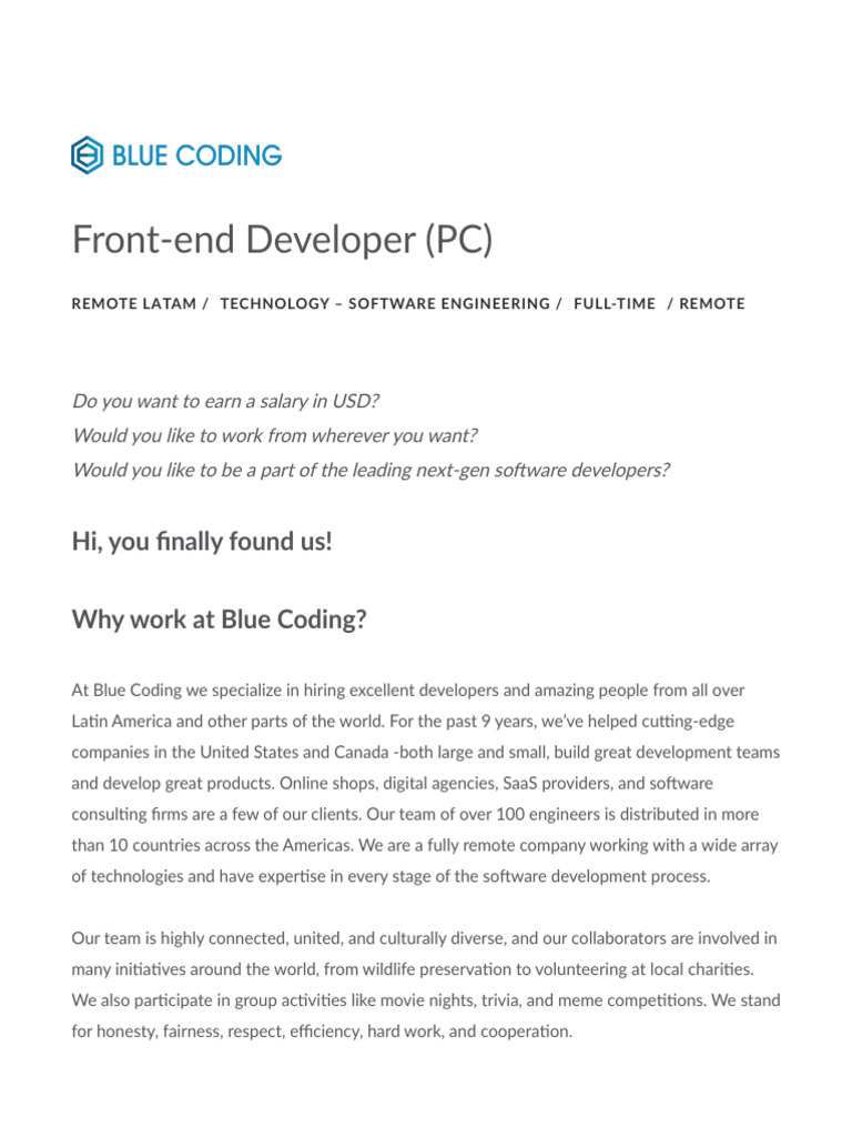 Blue Coding Front End Developer Pc Pdf Java Script Systems