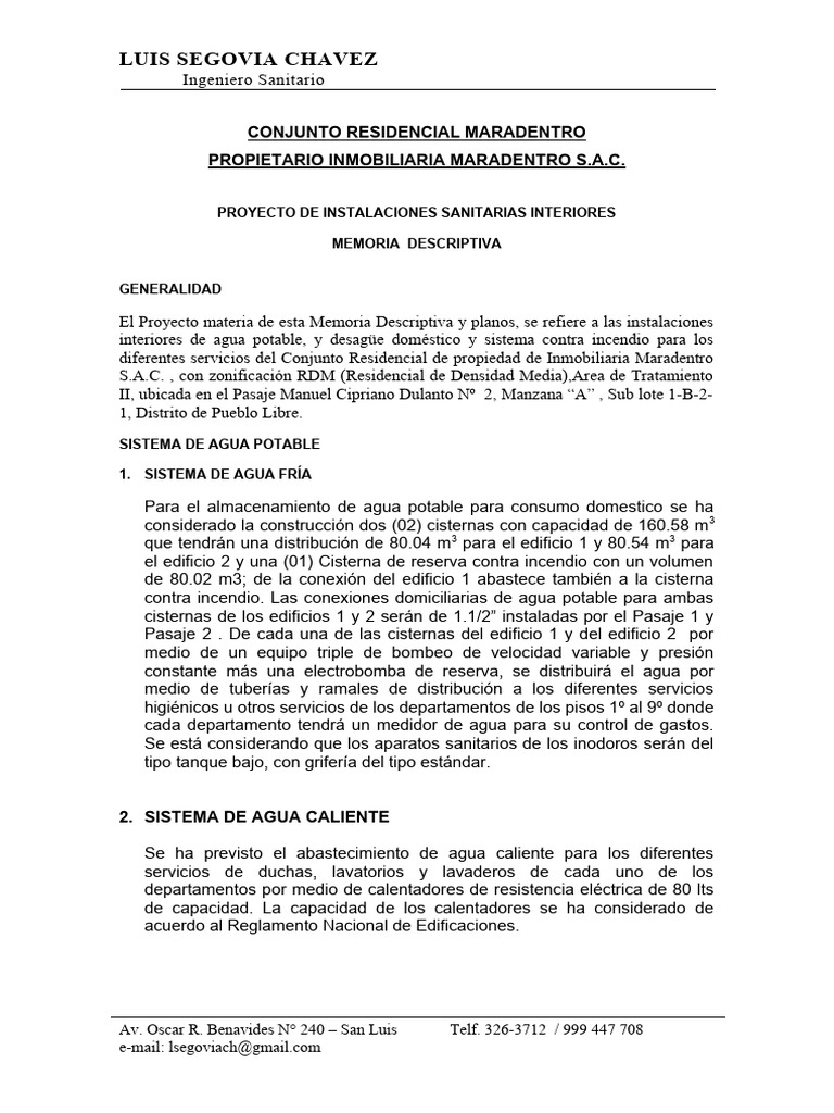 Memoria EDIFICIO MARADENTRO. INMOBILIARIA MARADENTRO SAC | PDF | Tubería (transporte de fluidos ...