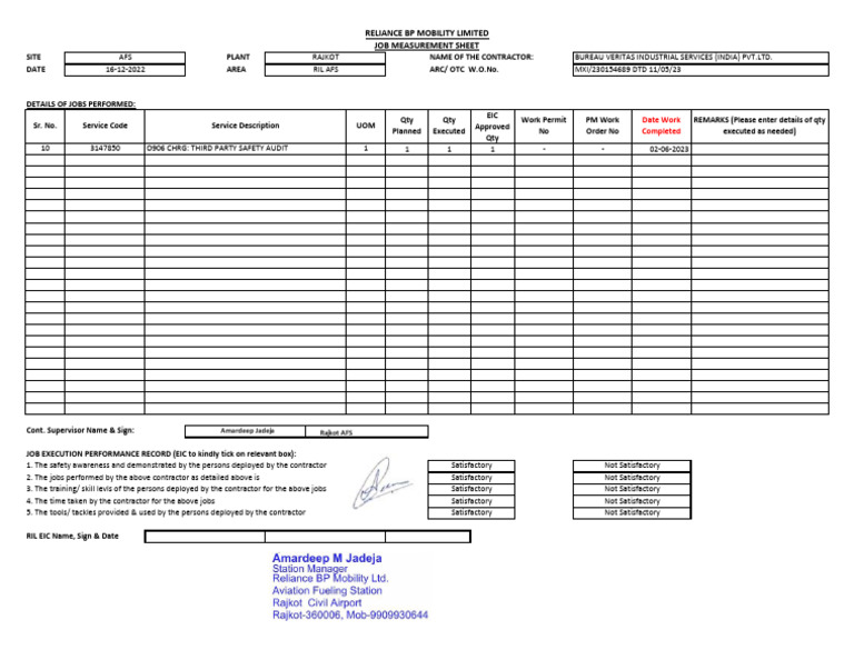 Jms Sheet Audit Ril Afs, Rajkot | PDF | Technology & Engineering