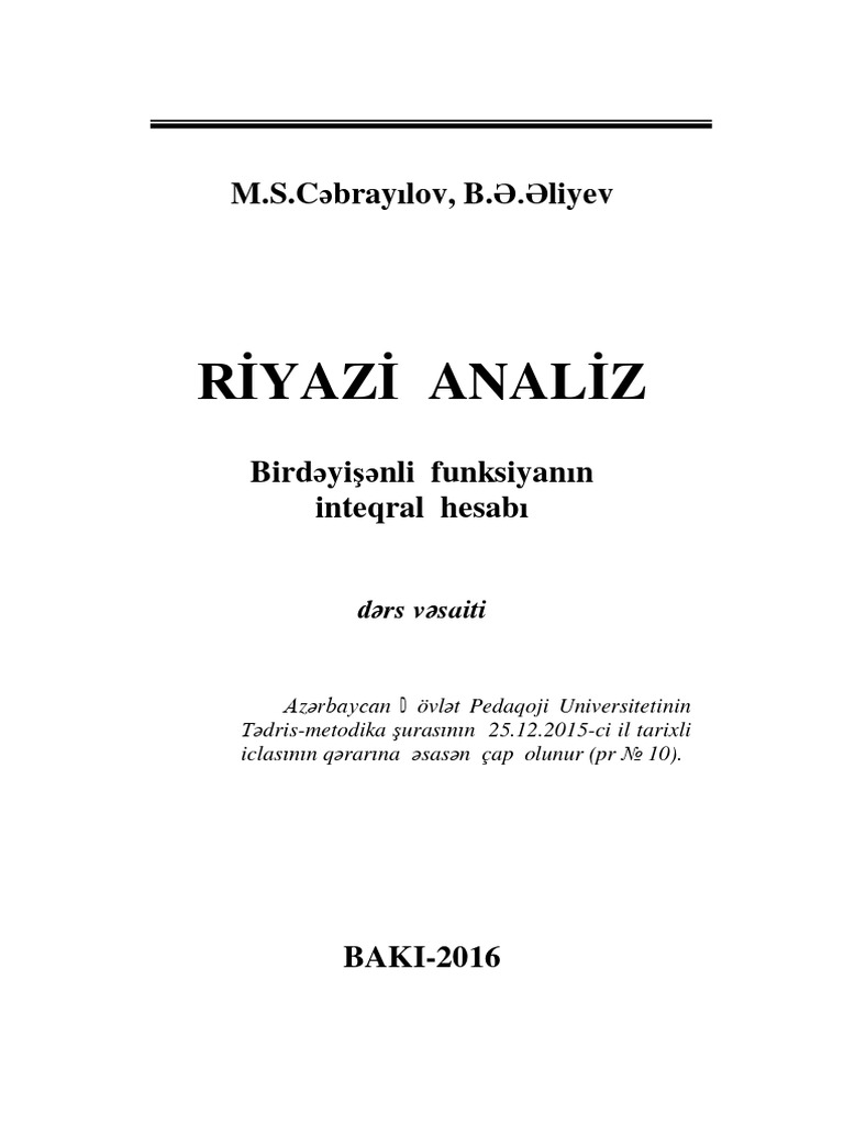 Riyazi Analiz: M.S.Cəbrayılov, B.Ə.Əliyev | PDF
