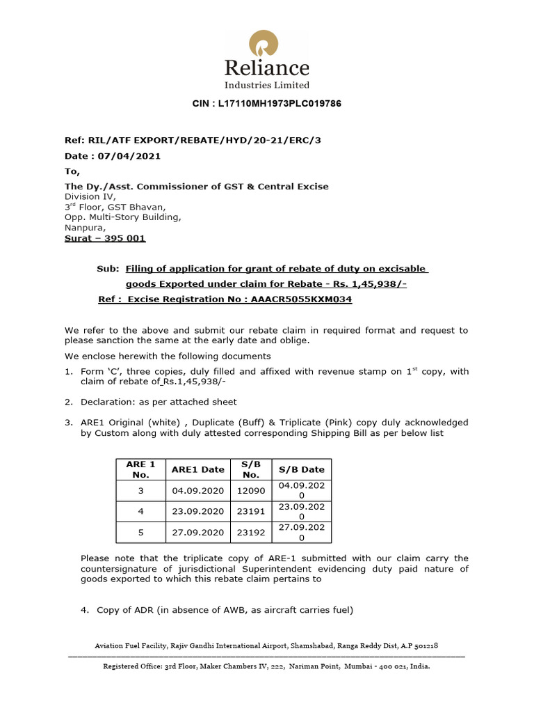 1.covering Letter For Rebate Claim 20-21 ERC1-Sep | PDF | Business ...