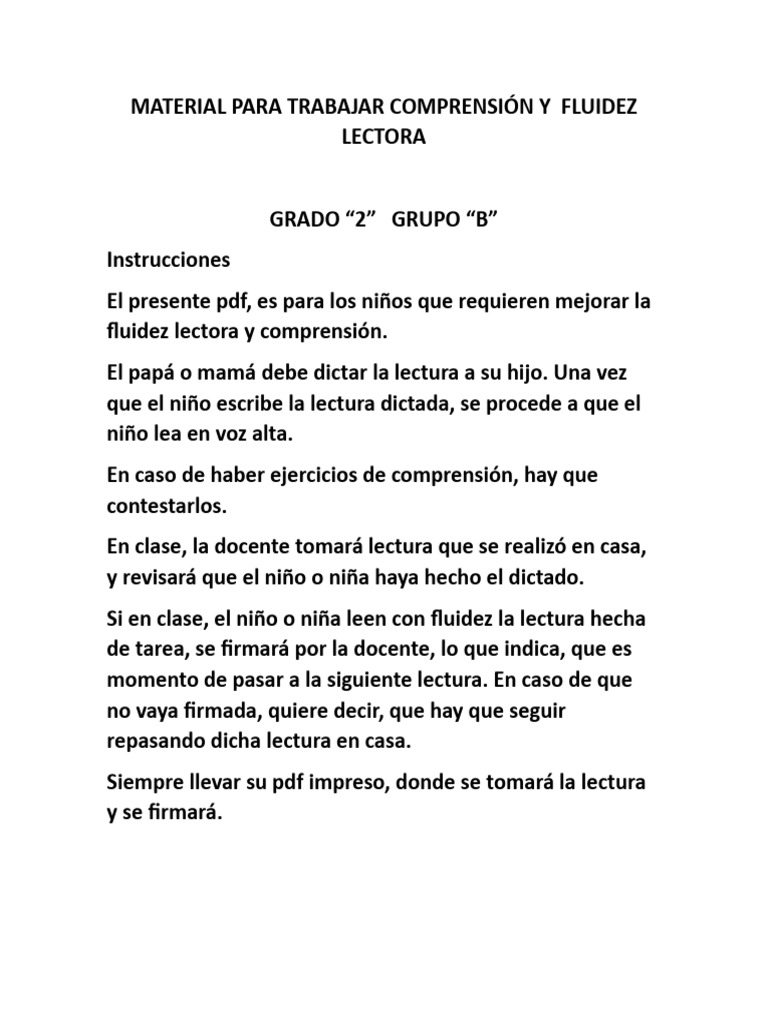 Fluidez y Comprensión Lectora 2°B | PDF