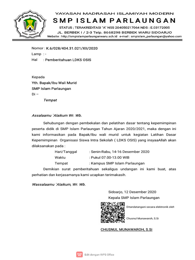 Surat Pemberitahuan LDKS OSIS 2020 | PDF