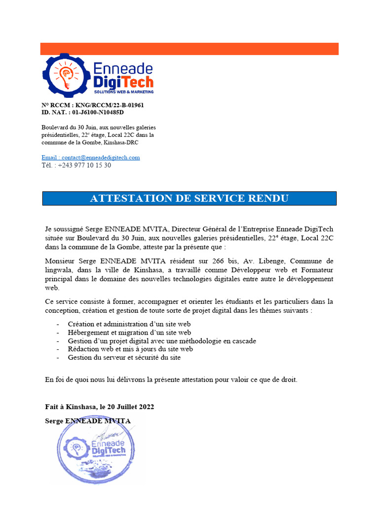 Attestation de Service Rendu à Kinshasa | PDF