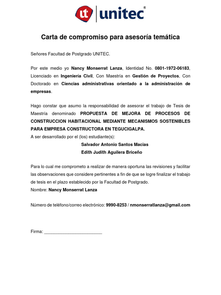 Carta Compromiso de Asesor Tematico Corregida | PDF | Crecimiento personal y profesional | Negocios