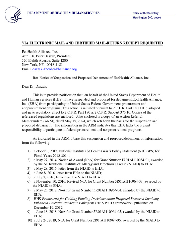 Hhs Letter to Ecohealth | PDF | National Institutes Of Health | Health ...