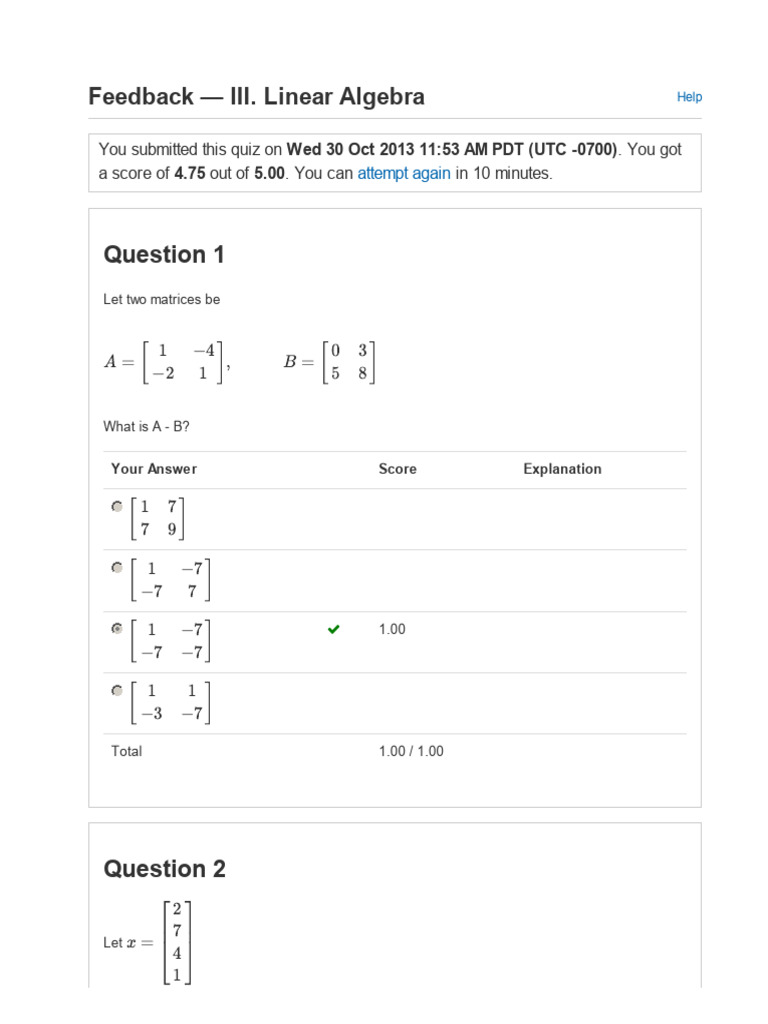Quiz 3 | PDF | Matrix (Mathematics) | Mathematical Concepts