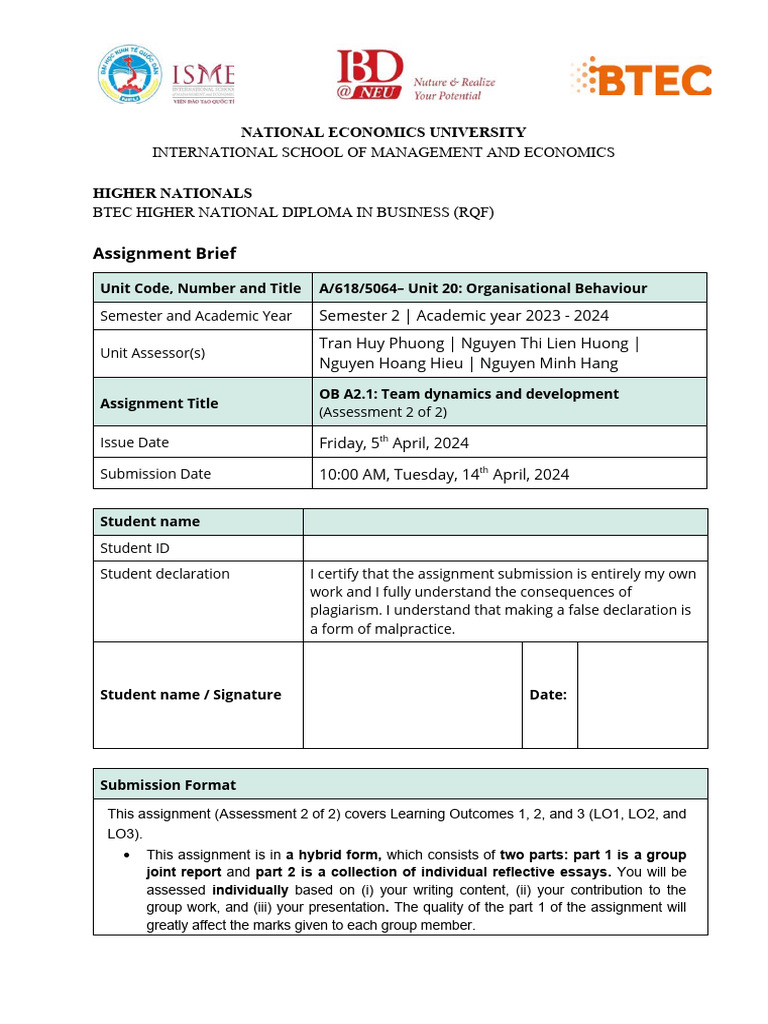 OB - Assignment Brief 2.1 - New Form - Approved - 2024 | PDF | Motivation | Motivational