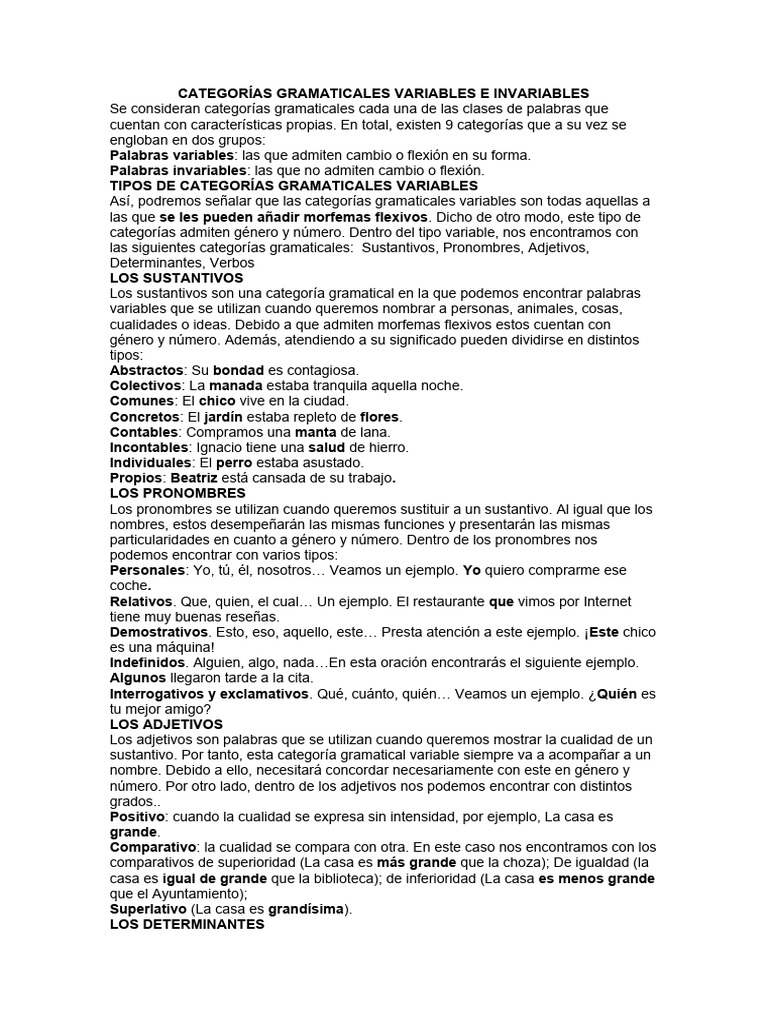 Categorías Gramaticales Variables e Invariables 2022 | PDF | Verbo ...