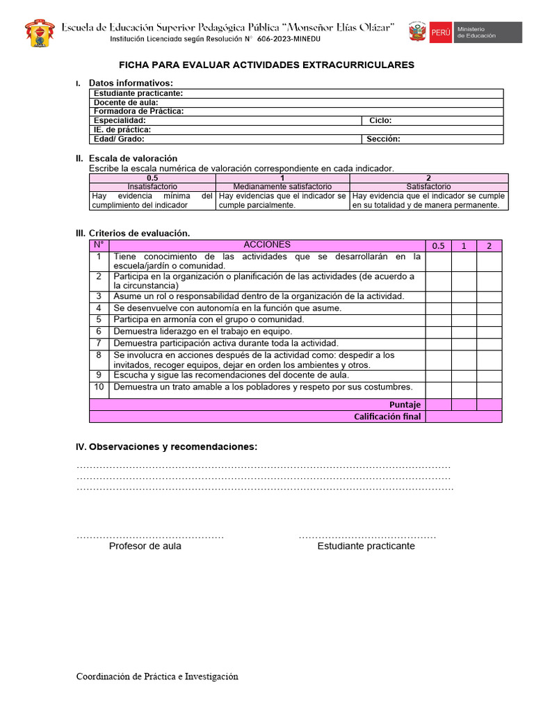6. FICHA PARA ACTIVIDADES EXTRACURRICULARES | PDF