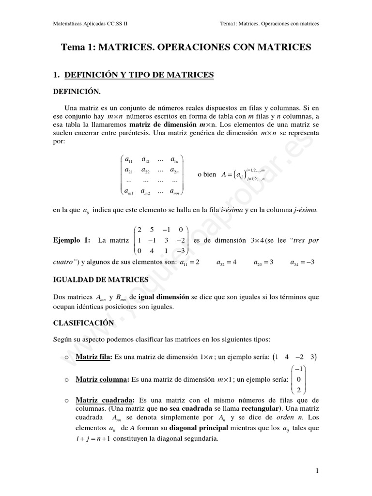 WWW - Yoquieroaprobar.es: Tema 1: Matrices. Operaciones Con Matrices | PDF | Matriz (Matemáticas ...