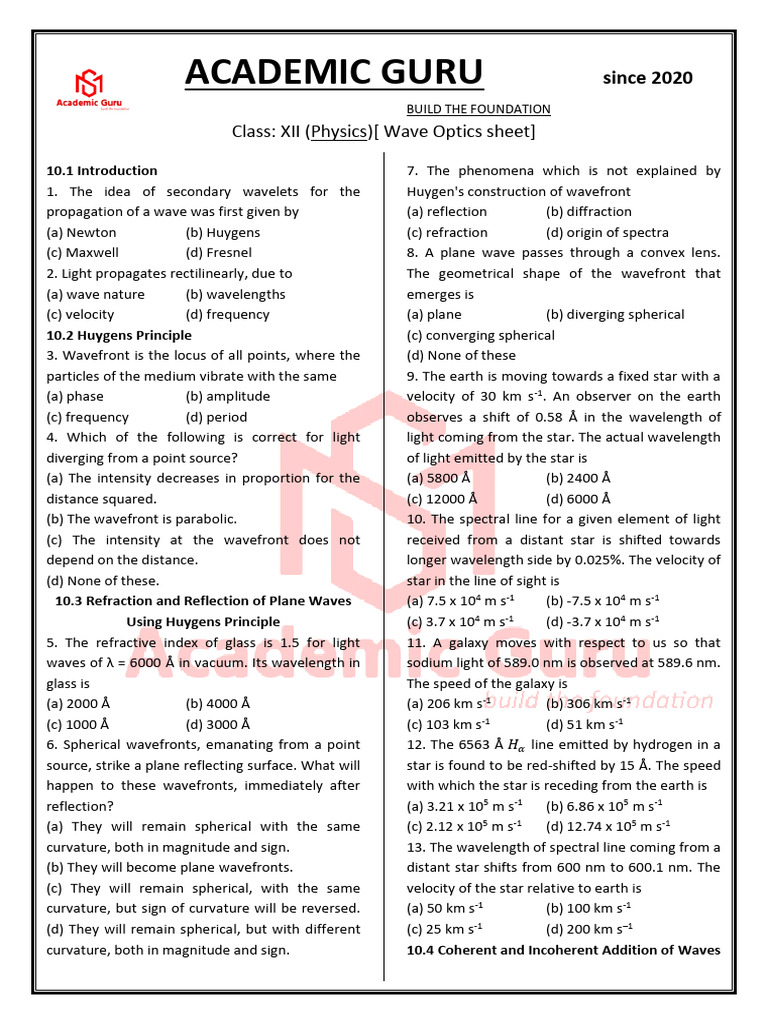 Class 12th Physics Wave Optics | PDF | Diffraction | Coherence (Physics)