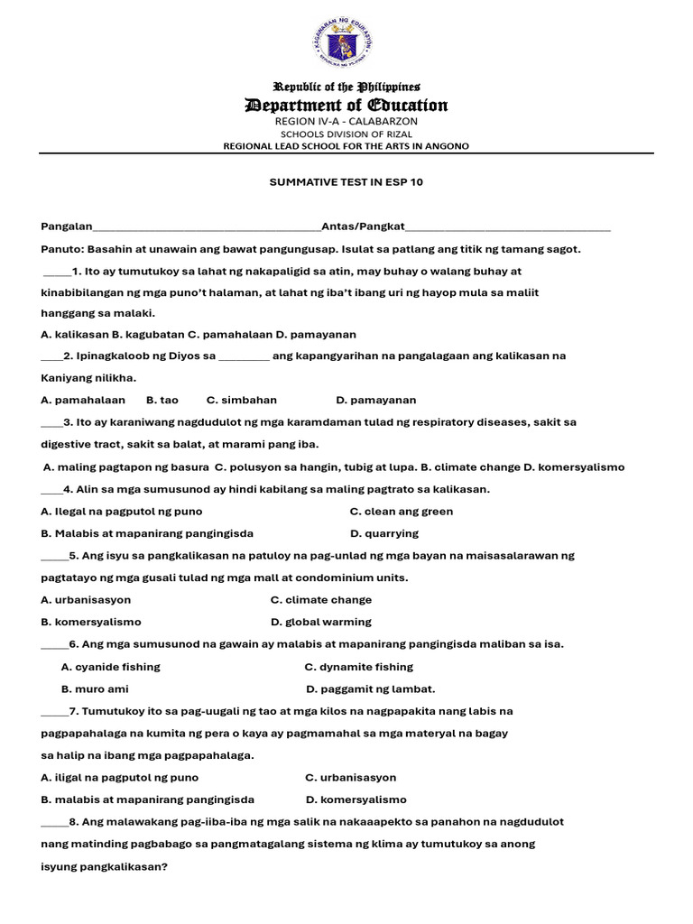 Summative ESP10 | PDF