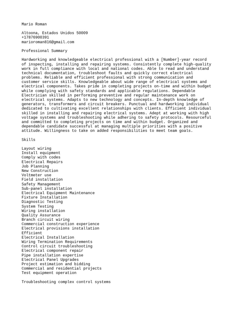 Mario Roman Resume 3 | PDF | Electrician | Electrical Wiring