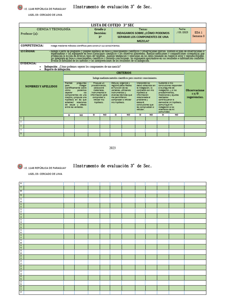 INSTRUMENTO 3° Semana 3 EDA 1 Instrumento de Evaluación INDAGA | Descargar gratis PDF ...