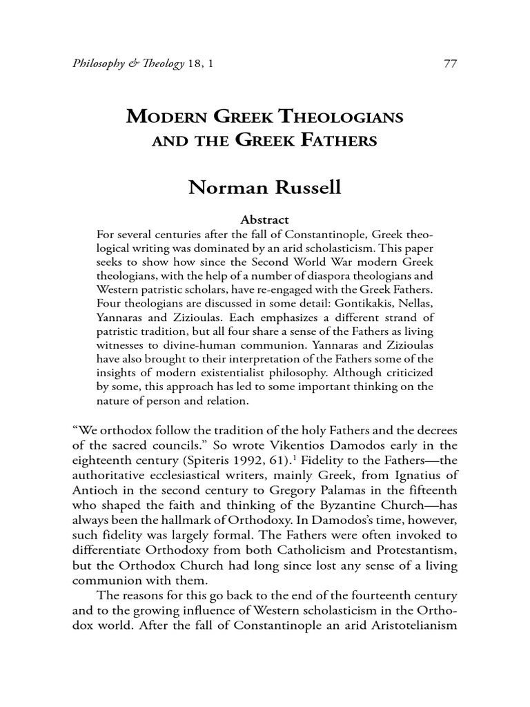 Modern Greek Theologians and The Greek F | PDF | Church Fathers | Theology