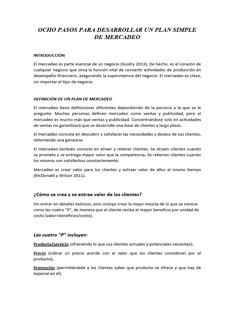 Ocho Pasos para Desarrollar Un Plan Simple de Mercadeo | PDF | Marketing | Precios