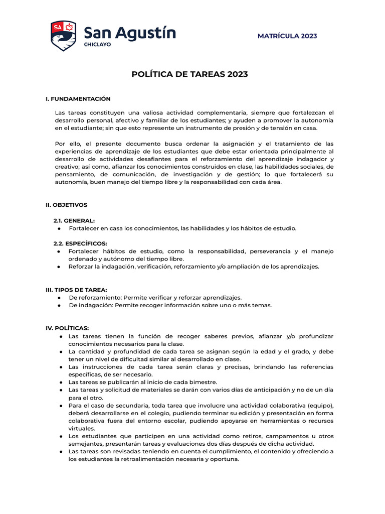 Politica de Tareas 2023 | PDF