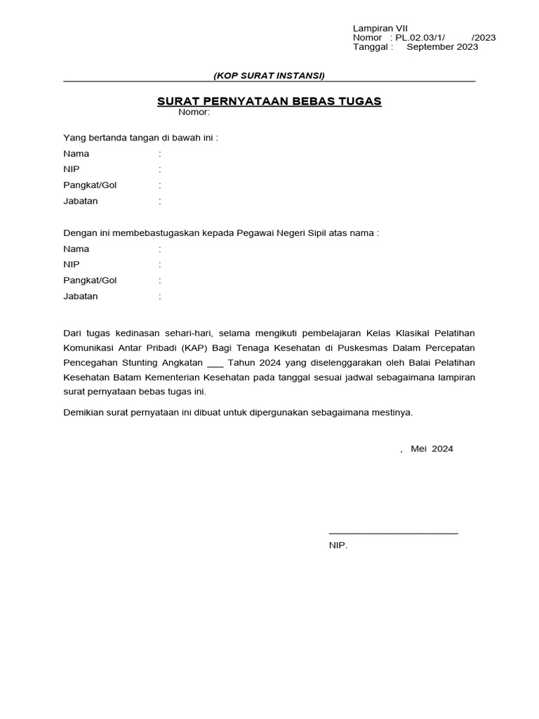 FORM Surat Pernyataan Bebas Tugas Dari Pimpinan | PDF