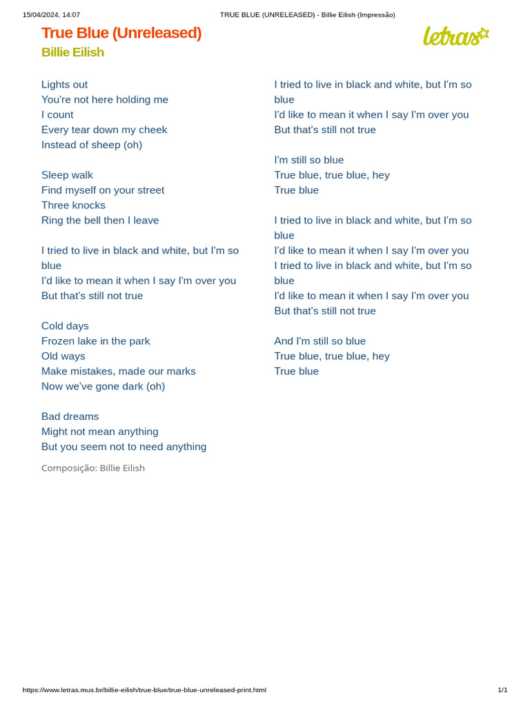 Billie Eilish's True Blue Lyrics | PDF