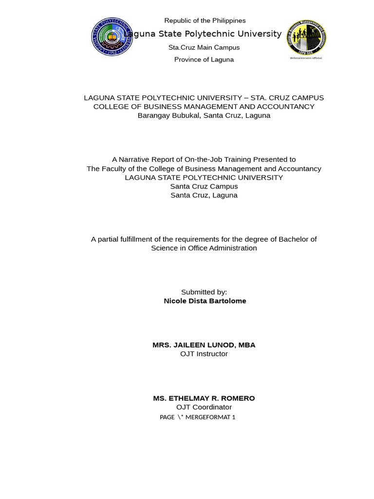 OJT Narrative Report: LSPU Business College | PDF | Behavior Modification