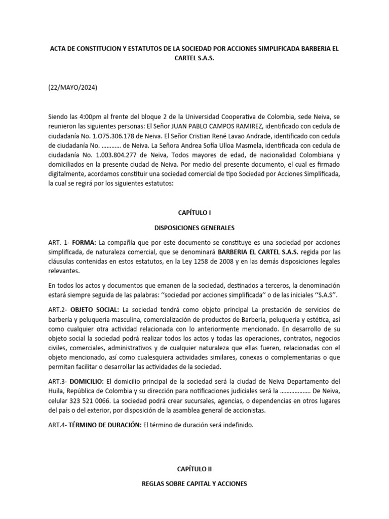Acta de Constitucion y Estatutos de La Sociedad Por Acciones Simplificada Barberia El Cartel S-1 ...