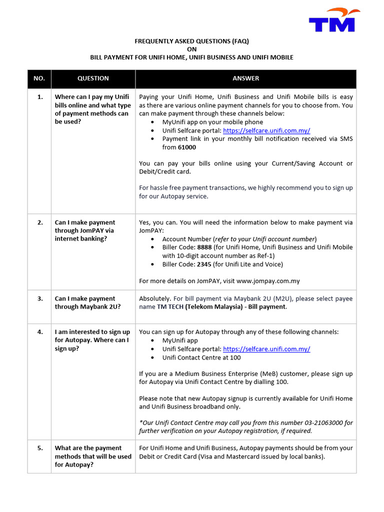Unifi Bill Payment Methods FAQ | PDF | Payments | Credit Card
