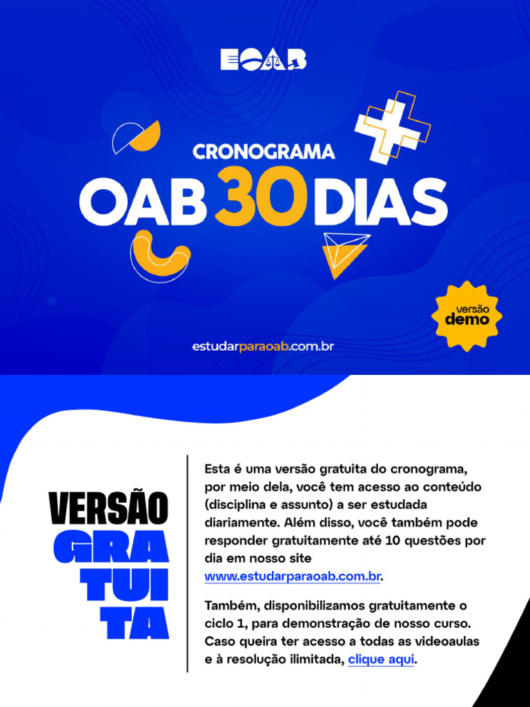 (DEMO) Cronograma OAB 30 Dias - Exame 40 - Estudar para OAB | PDF | Advogado | Processo civil