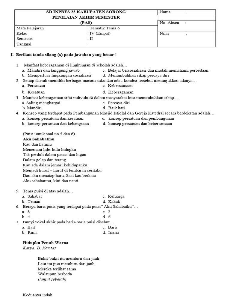 SOAL PAS TEMA 6 Kelas 4 | PDF | Seni