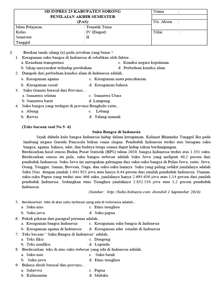 SOAL PAS TEMA 7 Kelas 4 | PDF
