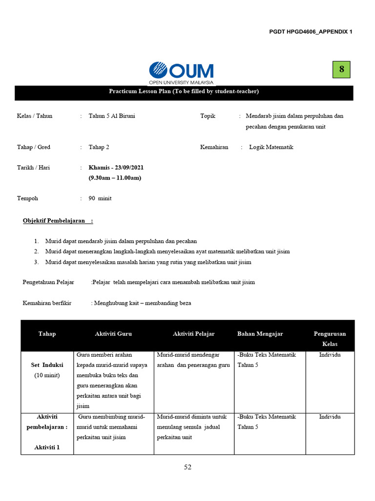 Contoh RPH Matematik Oum | PDF
