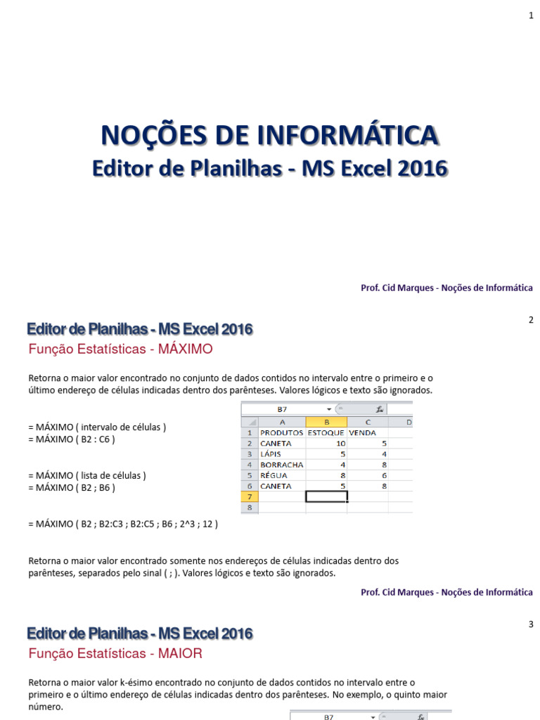 Aula+12+-+Noc o Es+de+informa Tica+-+excel+2016 | PDF | Microsoft Excel ...