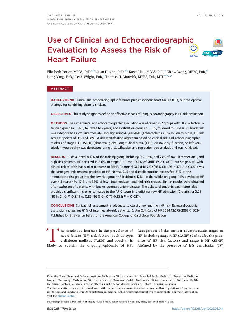 Use of Clinical and Echocardiographic Evaluation To Assess The Risk of ...