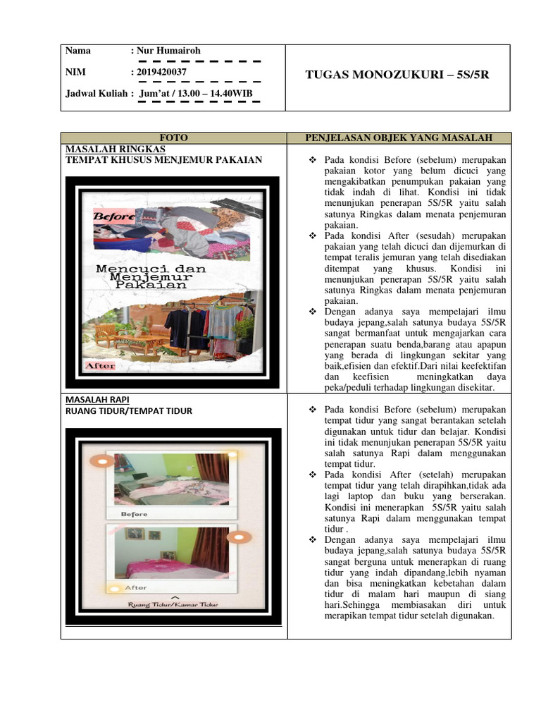 Tugas Foto 5S Atau 5R Monozukuri Nur Humairoh 2019420037 Akuntansi Kelas AKUN1 | PDF