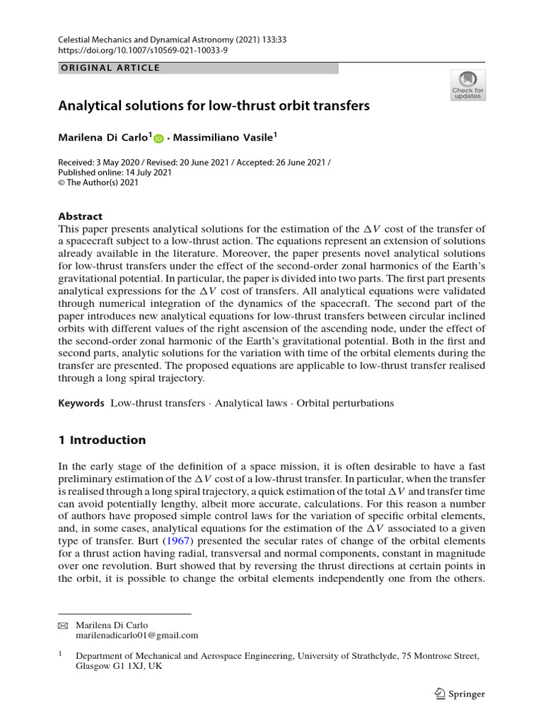Analytical Solutions For Low-Thrust Orbit Transfers: Marilena Di Carlo Massimiliano Vasile | PDF ...
