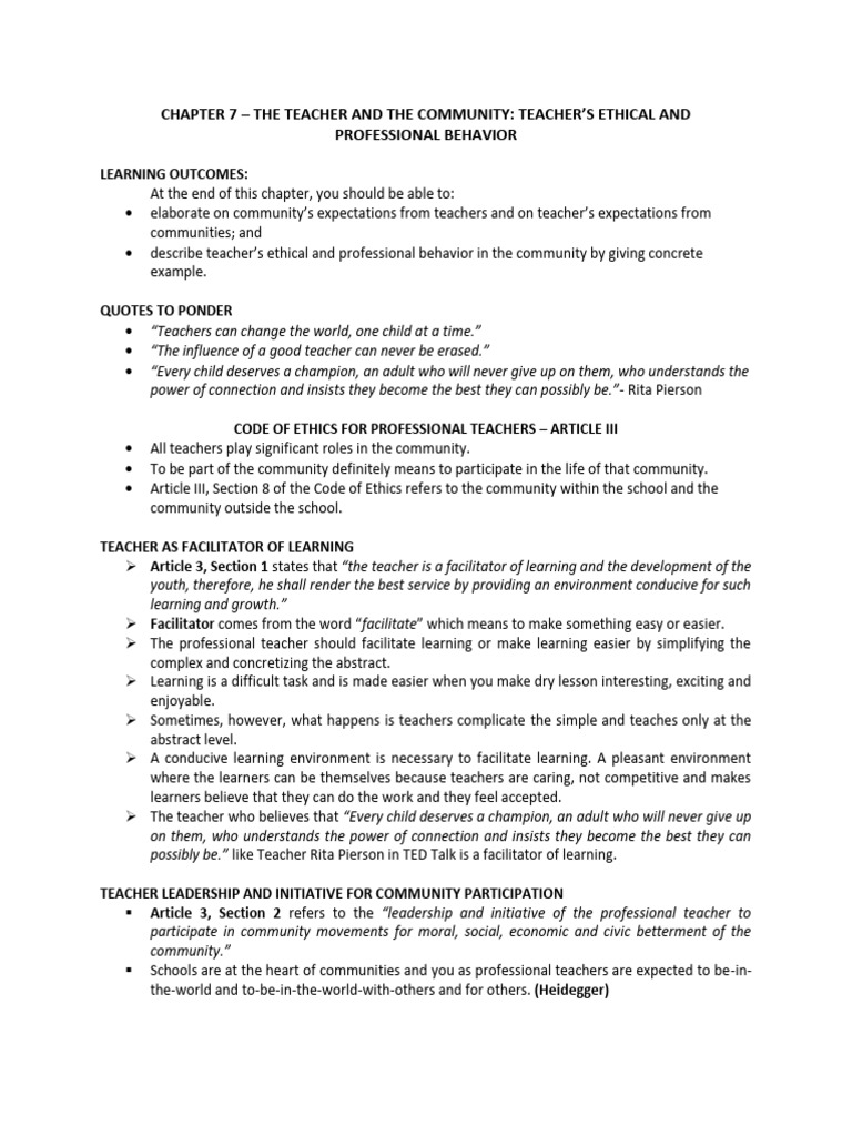 Chapter 7 Teachers Ethical and Professional Behavior in The Community ...