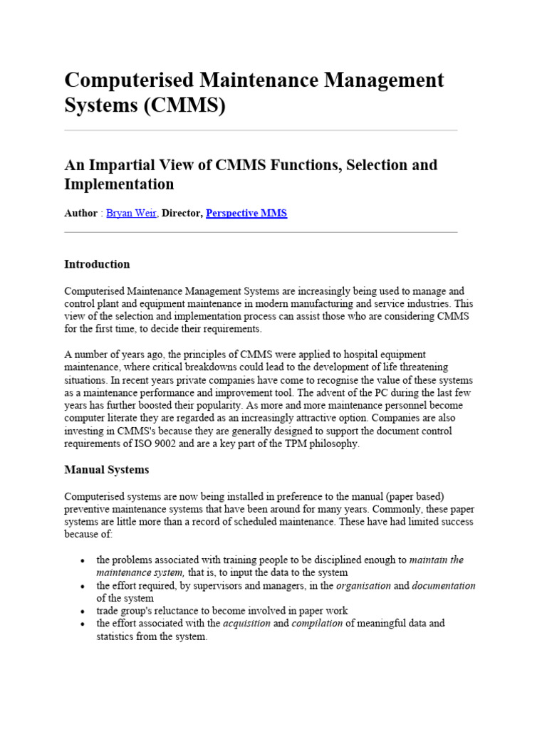 Computerised Maintenance Management Systems NOTE | PDF | Performance ...