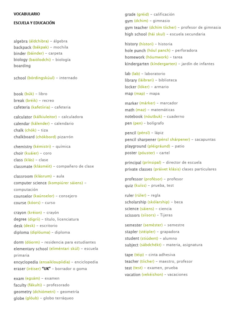 Vocabulario Escolar en Inglés y Español | PDF | Etapas educativas