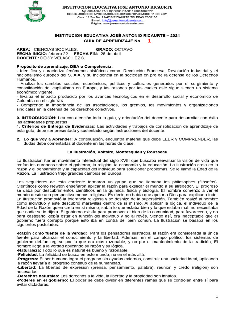 GUIA 1 - 8°SOCIALES - 1er PERIO-2024 | Descargar gratis PDF | Separación de poderes | Era de ...