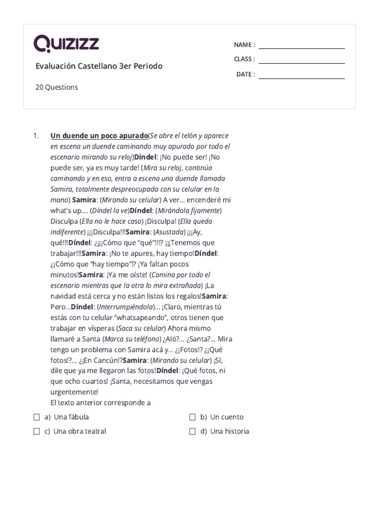 Evaluación Castellano 3er Periodo - Print - Quizizz | PDF | Sirena