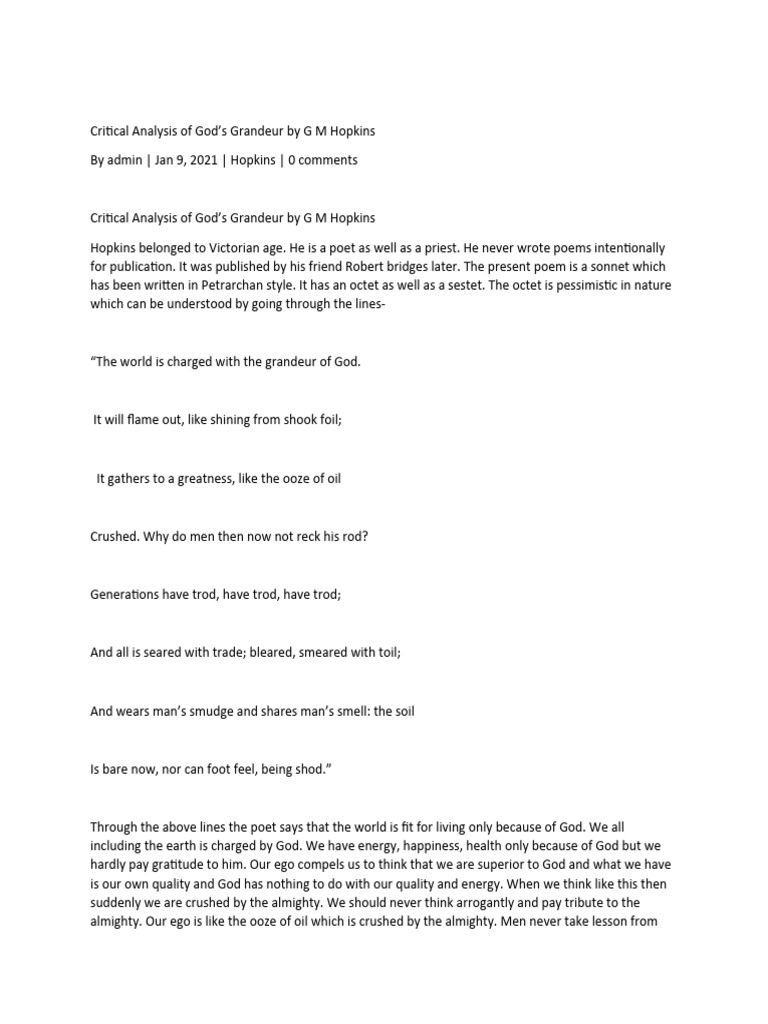 Analysis of God’s Grandeur by Hopkins | PDF | Poetry