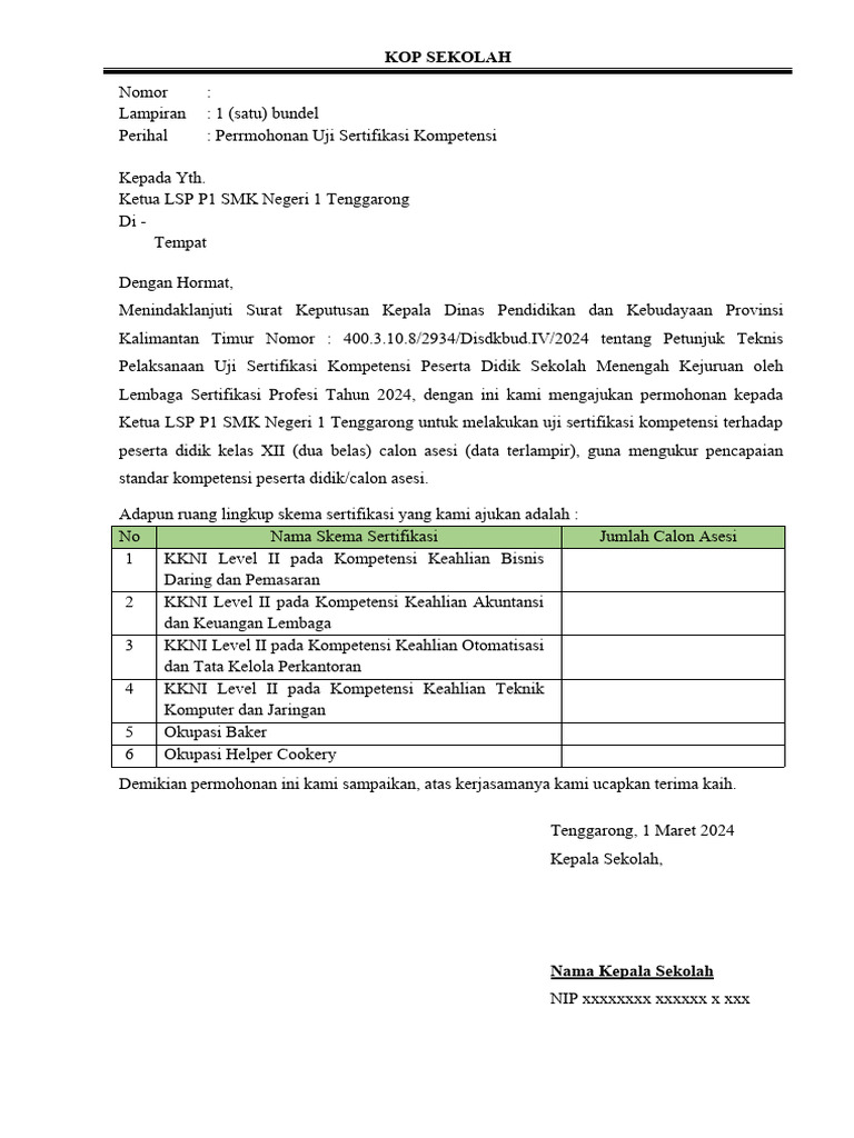 Template Usulan Permohonan SMK XXX Bersama LSP P1 SMK Negeri 1 Tenggarong | PDF | Bisnis