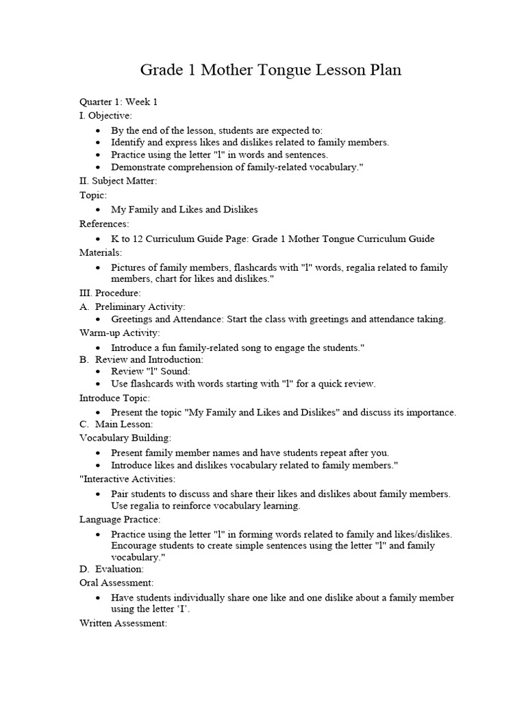 Mother Tongue Lesson Plan | Download Free PDF | Lesson Plan | Vocabulary