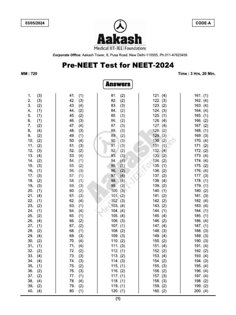 PRE NEET - (Code A) - 03 05 2024 - Sol | PDF