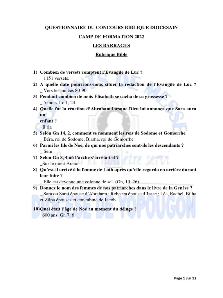 Questionnaire du Concours Biblique 2022 | PDF | Eucharistie