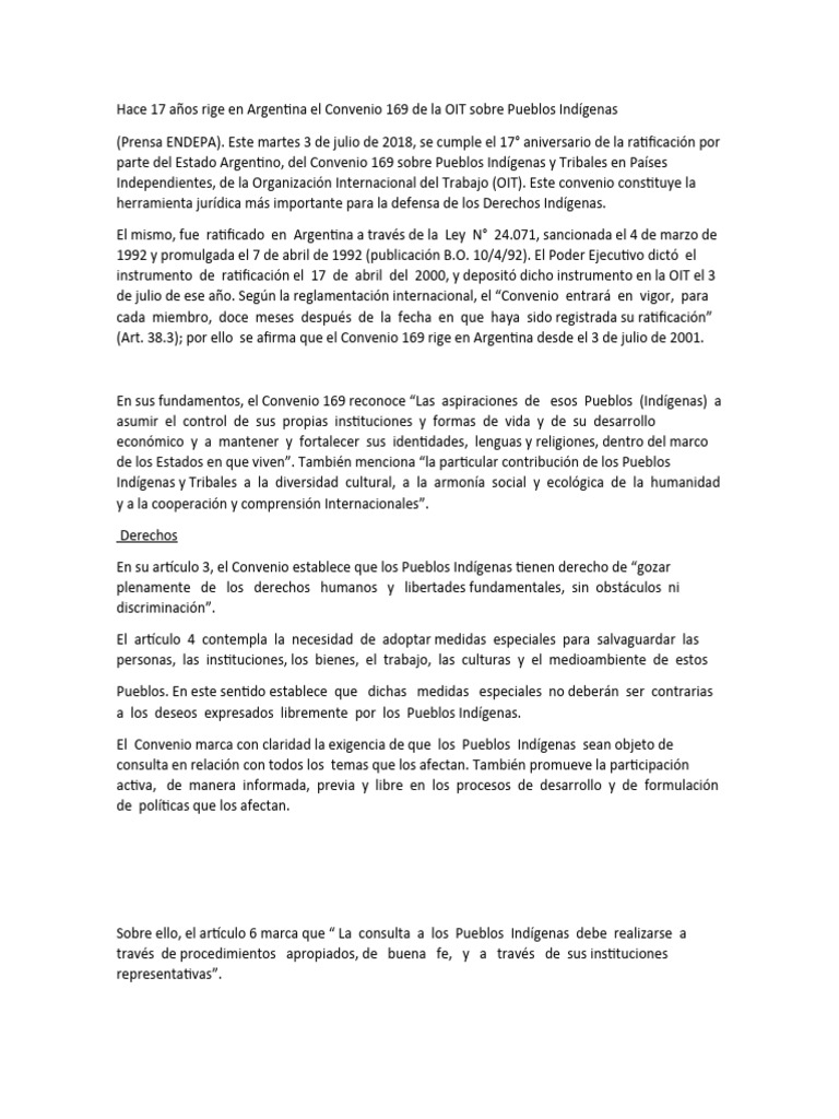 Resumen del Convenio 169 de la OIT | PDF | Organización Internacional del Trabajo | Tratado