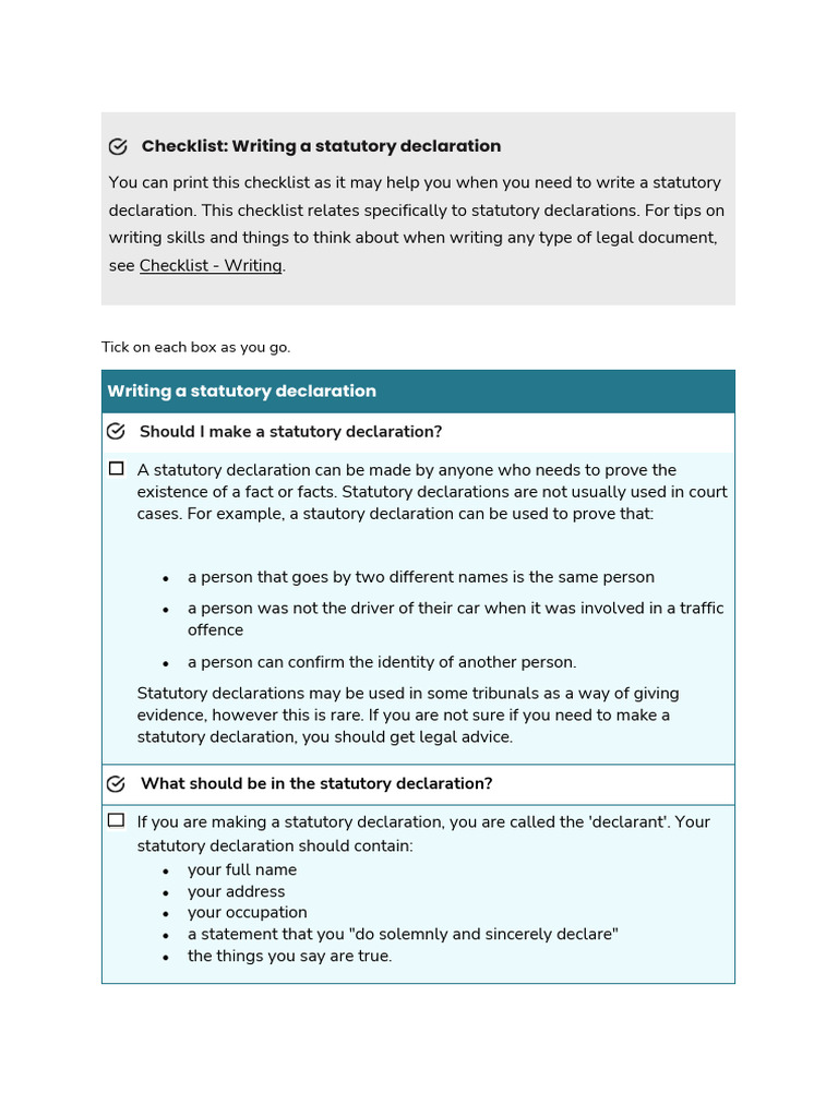 Checklist - Statutory Declarations | PDF | Justice | Crime & Violence