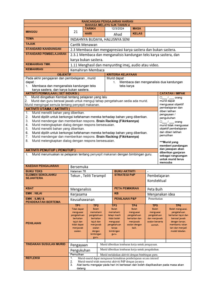 RPH Minggu 21 BM SJK THN 4 2024 by Cikgu Gorgeous | PDF
