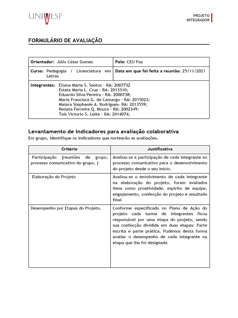 Avaliação Colaborativa Projeto Integrador 3 | PDF