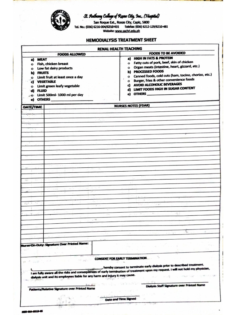 Hemodialysis Treatment Sheet | PDF